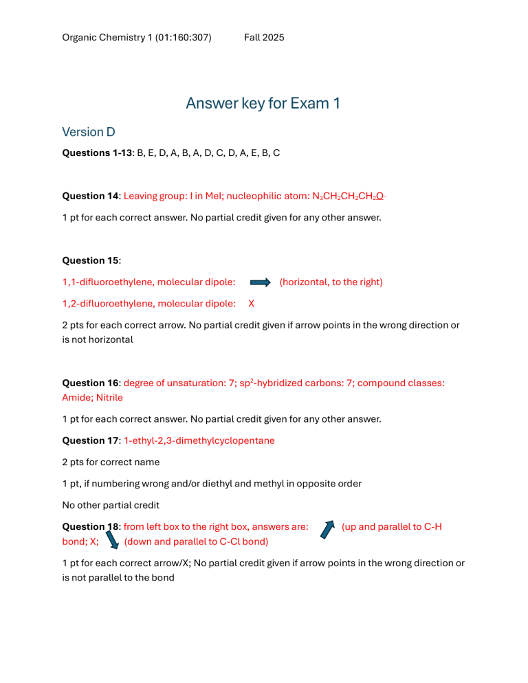 Organic Chemistry Exam 1 Answer Key