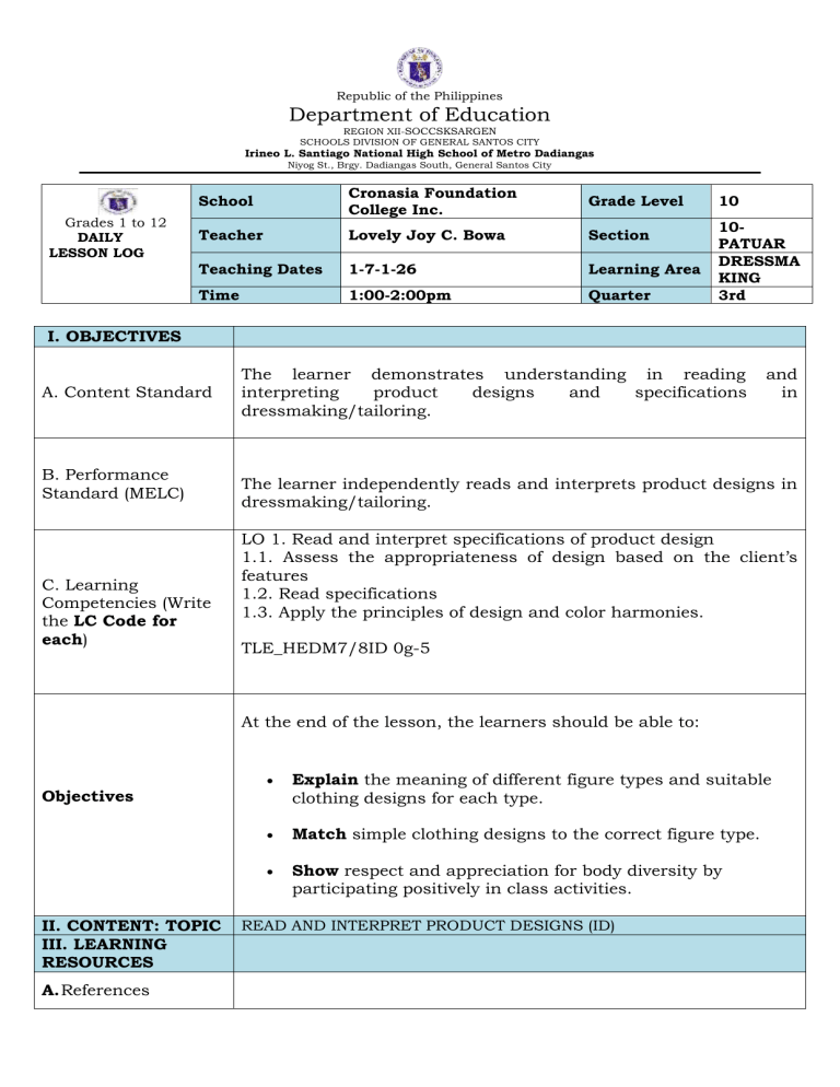Grade 10 Dressmaking Lesson Log: Read & Interpret Product Designs