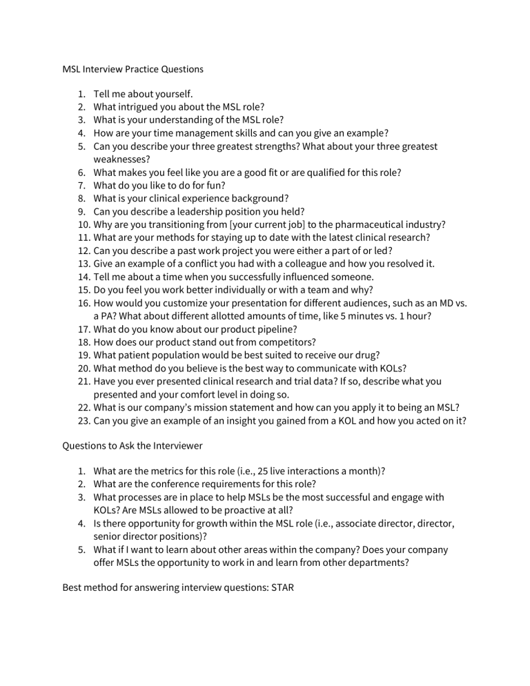 MSL Interview Practice Questions & STAR Method Guide