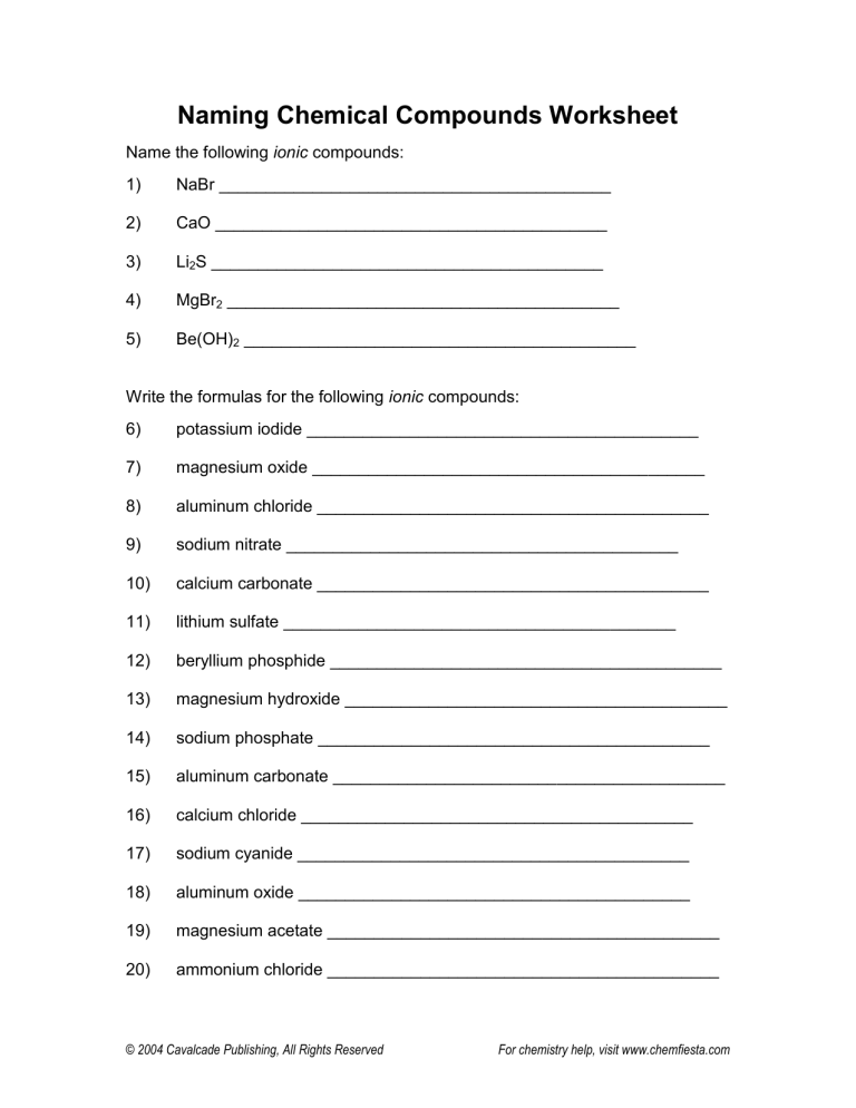 Naming Chemical Compounds Worksheet