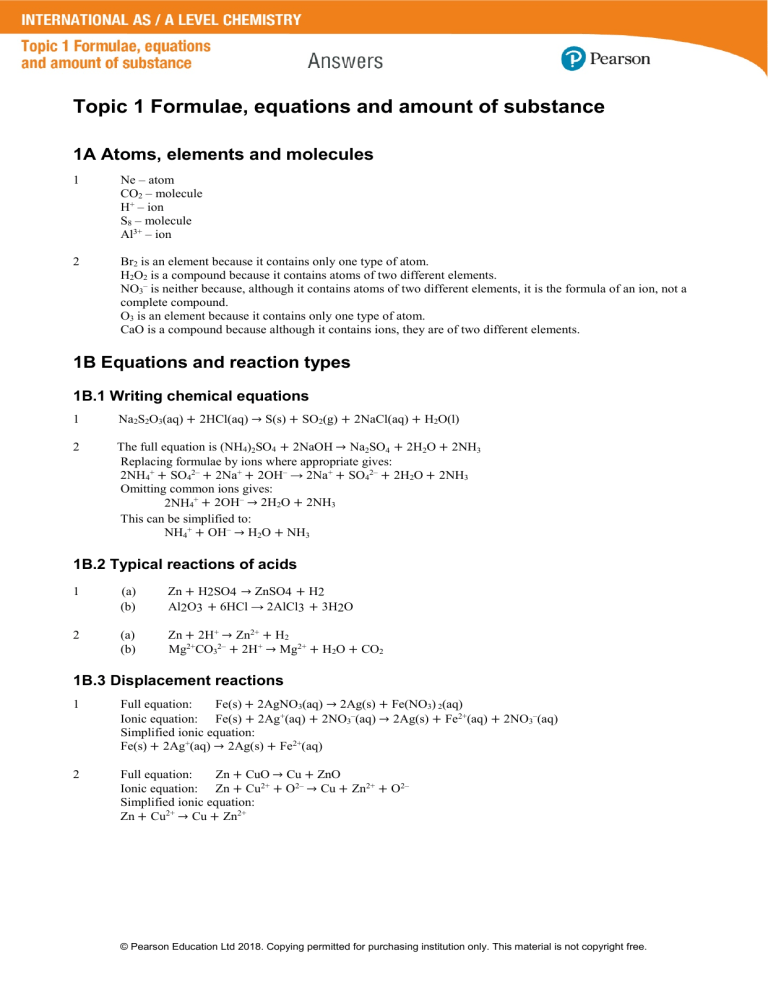 AS/A Level Chemistry Topic 1 Answers: Formulae & Equations