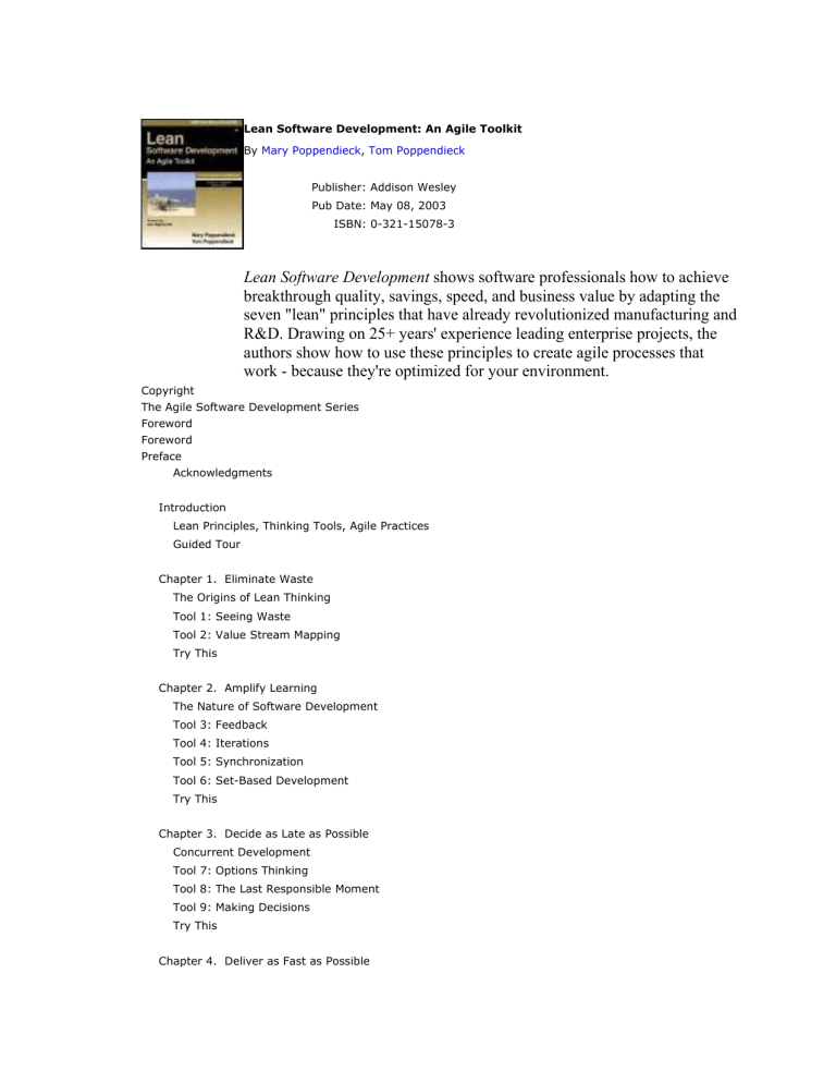 Lean Software Development: An Agile Toolkit