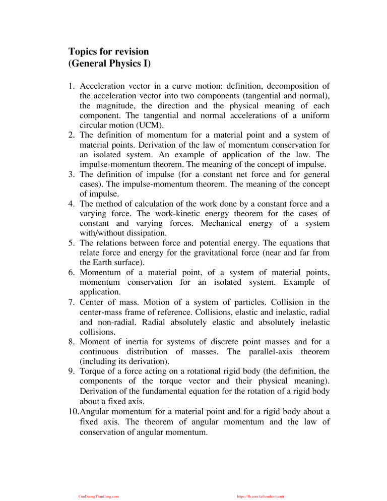 General Physics I Revision Topics