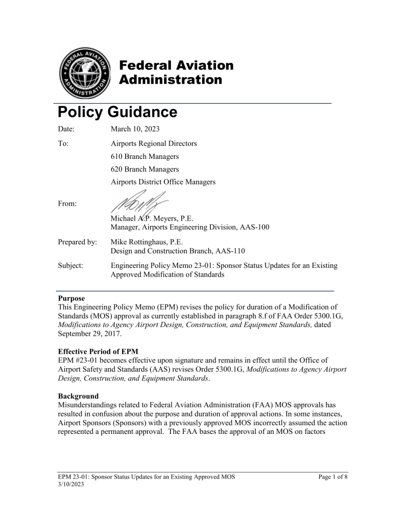 FAA Engineering Policy Memo 23-01: MOS Status Updates
