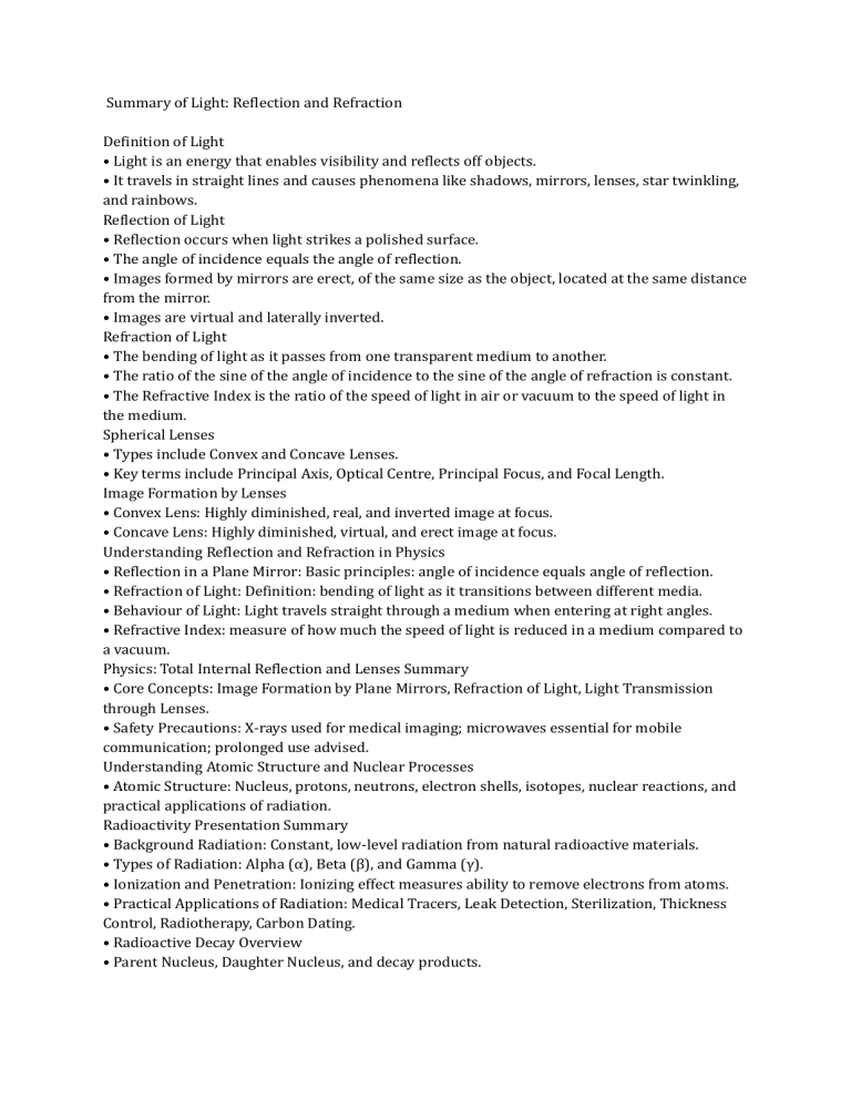 Physics Study Guide: Light, Reflection, Refraction, Atomic Structure