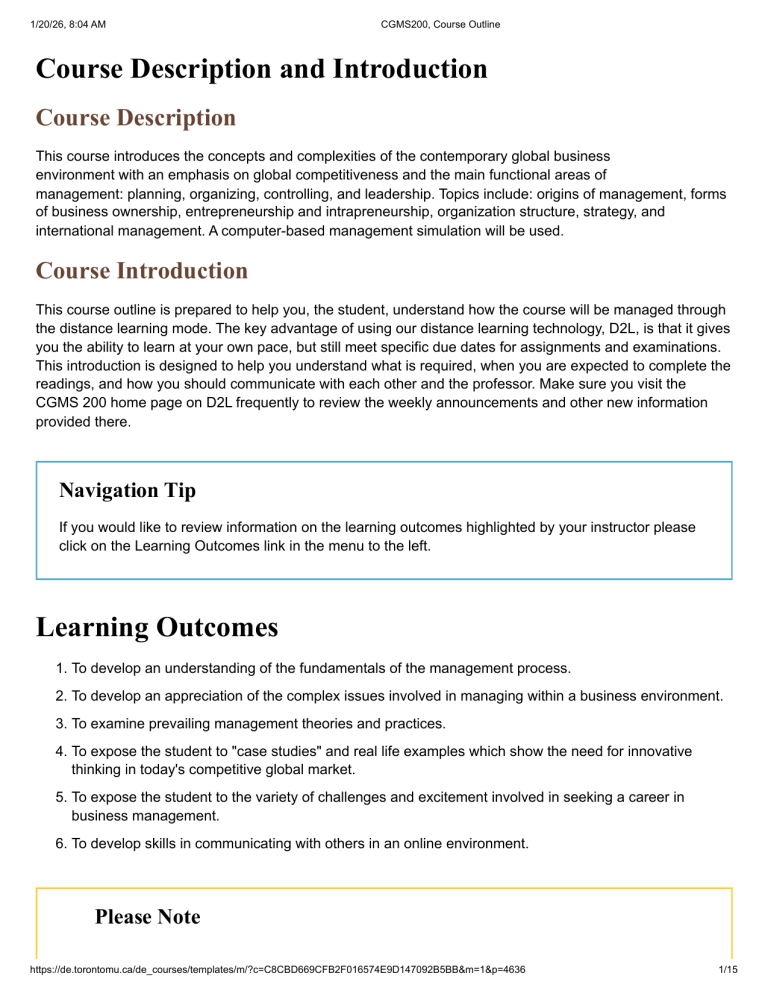 CGMS200 Course Outline: Global Business Management