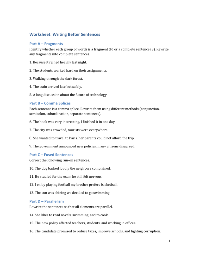 Writing Better Sentences Worksheet