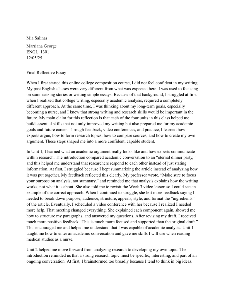 Final Reflective Essay: College Composition Growth