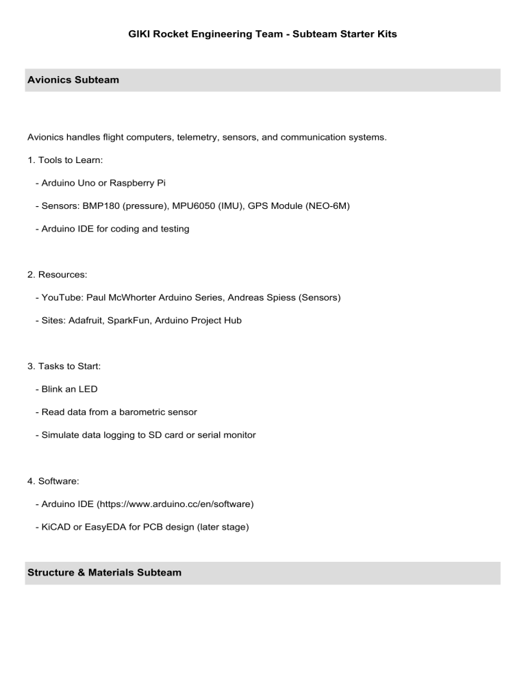 GIKI Rocket Engineering Team - Avionics Subteam Guide