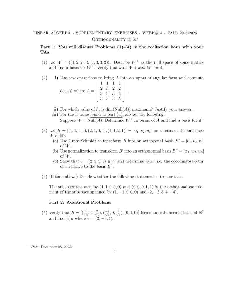 Linear Algebra Supplementary Exercises Week 14
