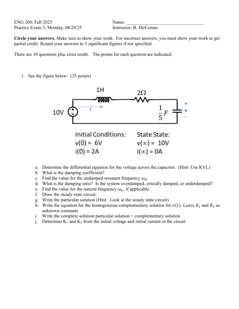 ENG 260 Practice Exam 3: Electrical Circuits