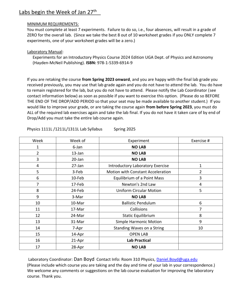 Physics Lab Syllabus Spring 2025