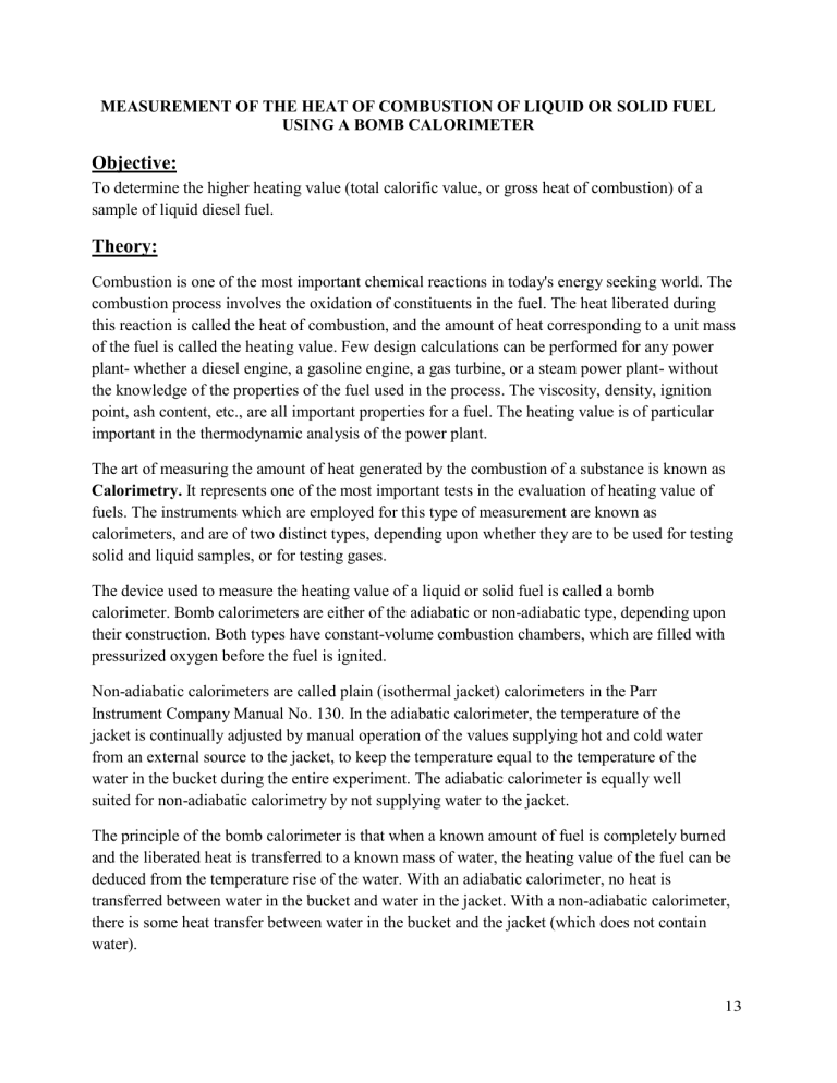 Bomb Calorimeter Experiment: Heat of Combustion Measurement