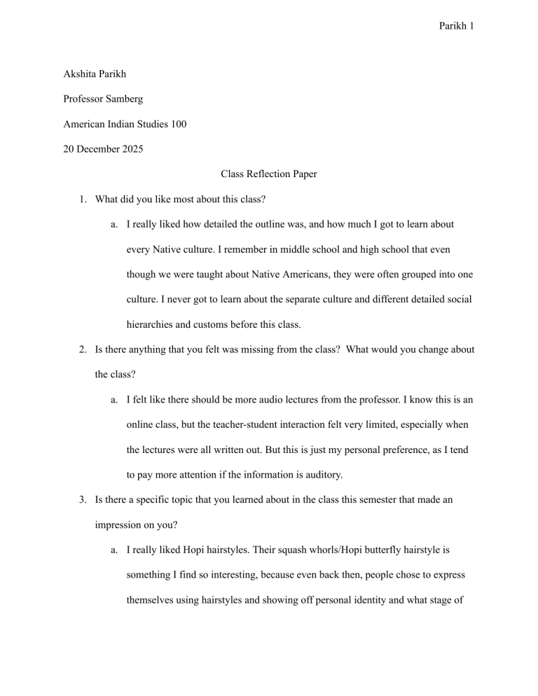 Class Reflection Paper on American Indian Studies 100