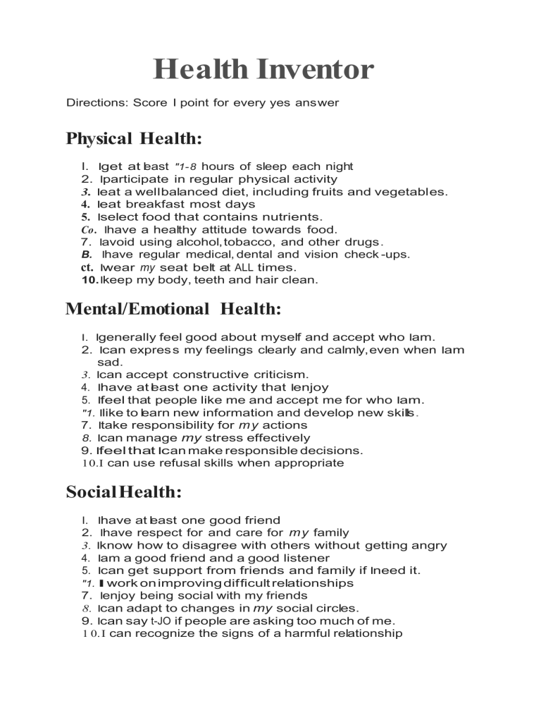 Health Inventor Self-Assessment Inventory