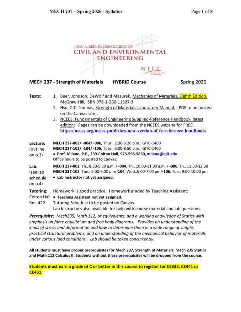 MECH 237 Syllabus - Strength of Materials Spring 2026