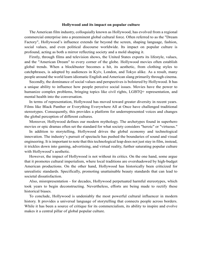 Hollywood's Impact on Popular Culture