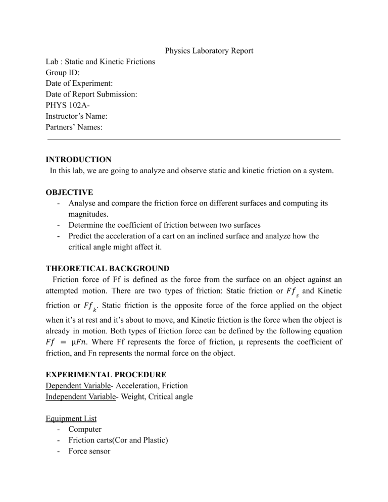 Physics Lab Report: Static and Kinetic Friction