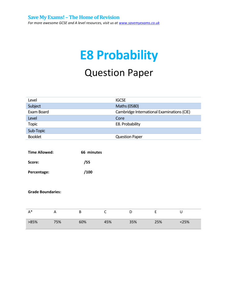IGCSE Maths E8 Probability Question Paper