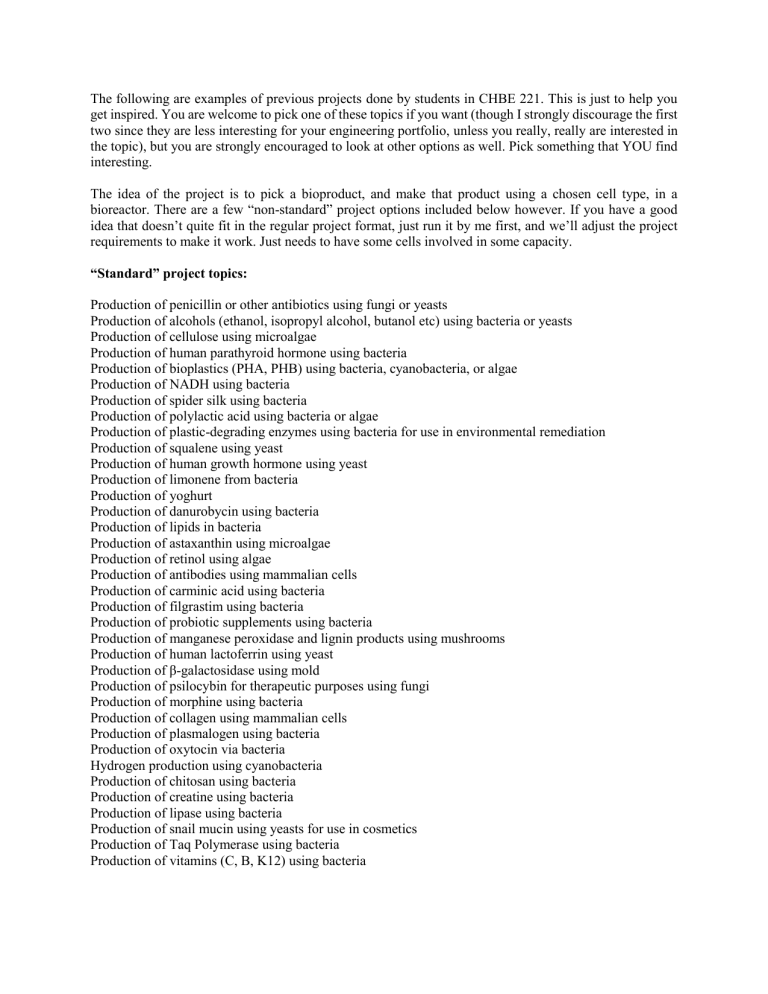 CHBE 221 Project Ideas: Bioprocess Engineering