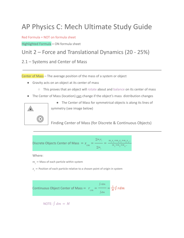 AP Physics C Mech Study Guide: Unit 2