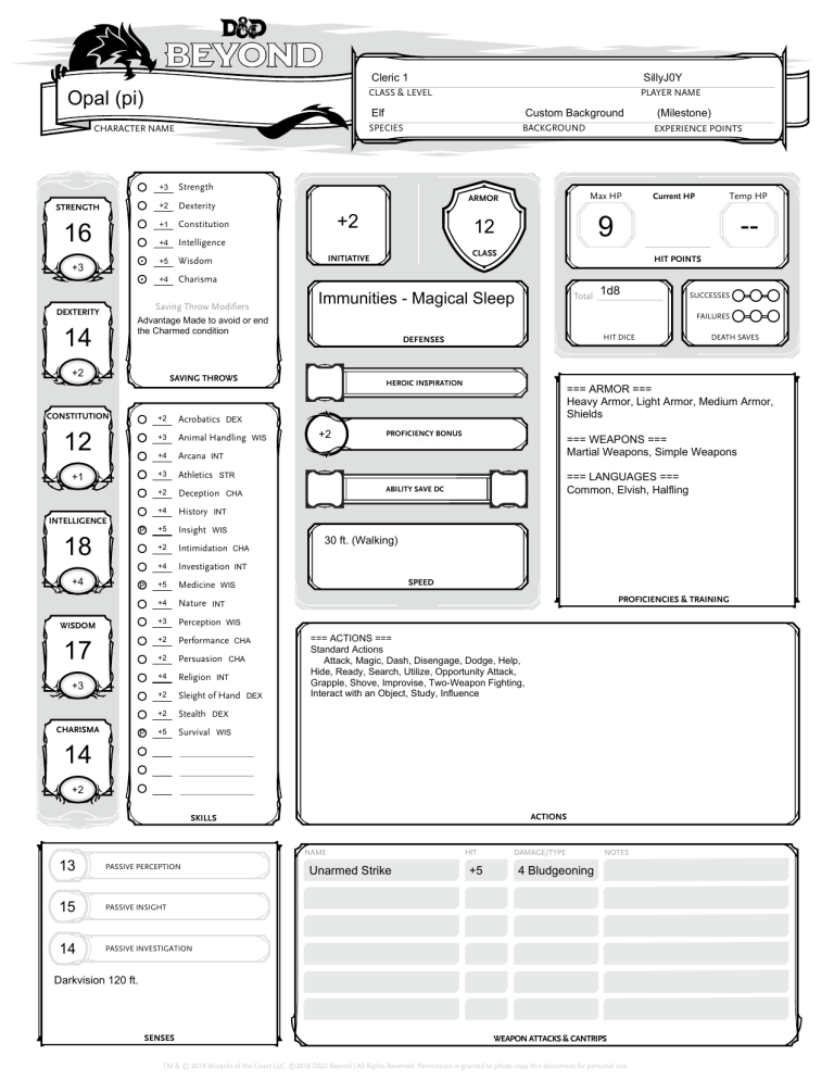 D&D Character Sheet: Opal the Elf Cleric