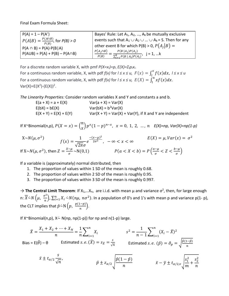 Final Exam Formula Sheet: Statistics Formulas