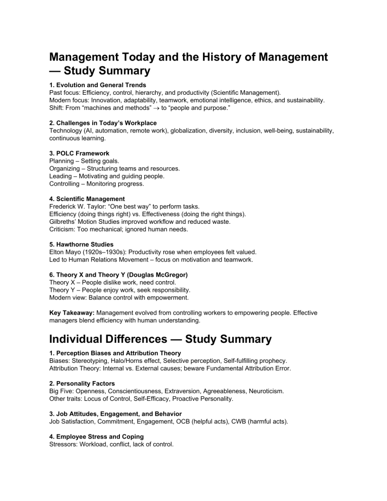 Management Study Summary: History & Individual Differences