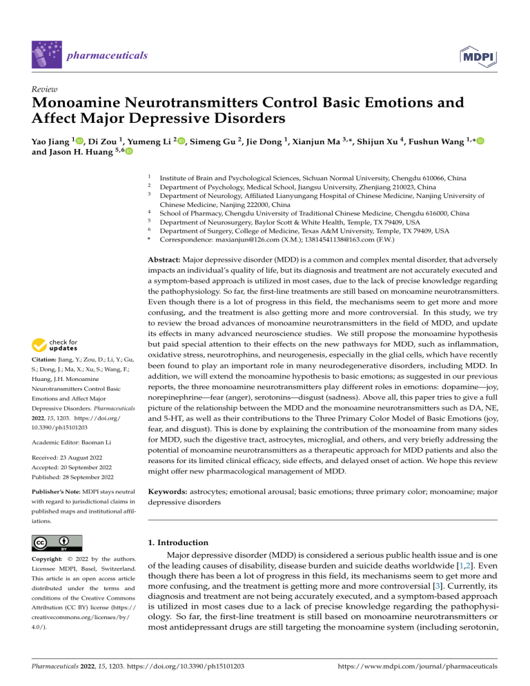 Monoamine Neurotransmitters and Major Depressive Disorders: A Review