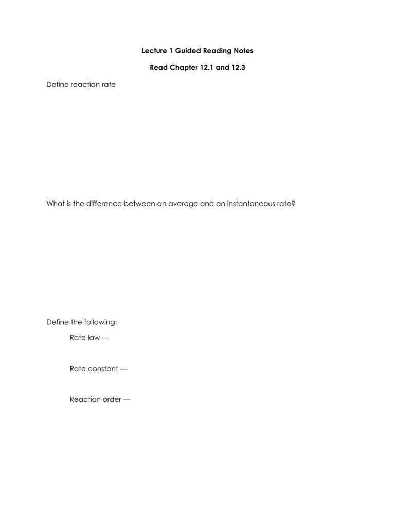 Lecture 1 Guided Reading Notes: Reaction Rates