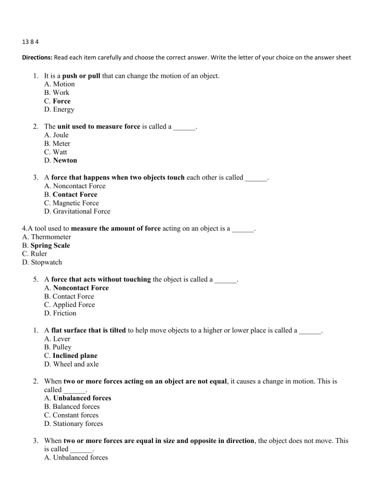 Physics Test: Force, Motion, Energy