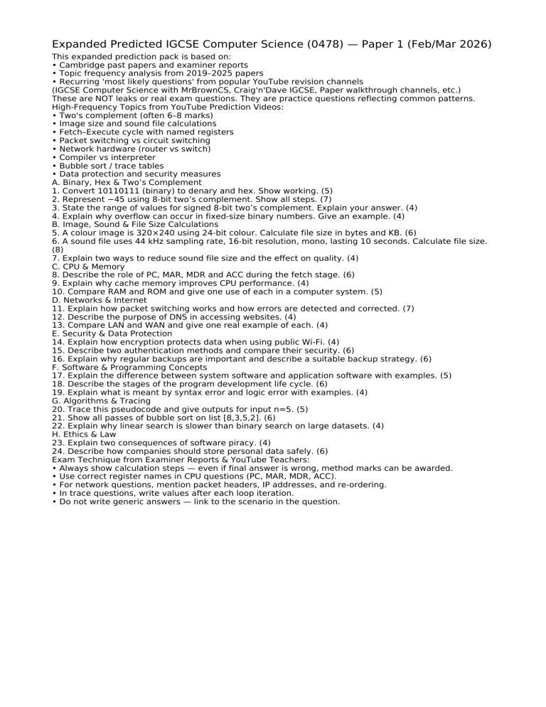 IGCSE Computer Science Paper 1 Practice Questions