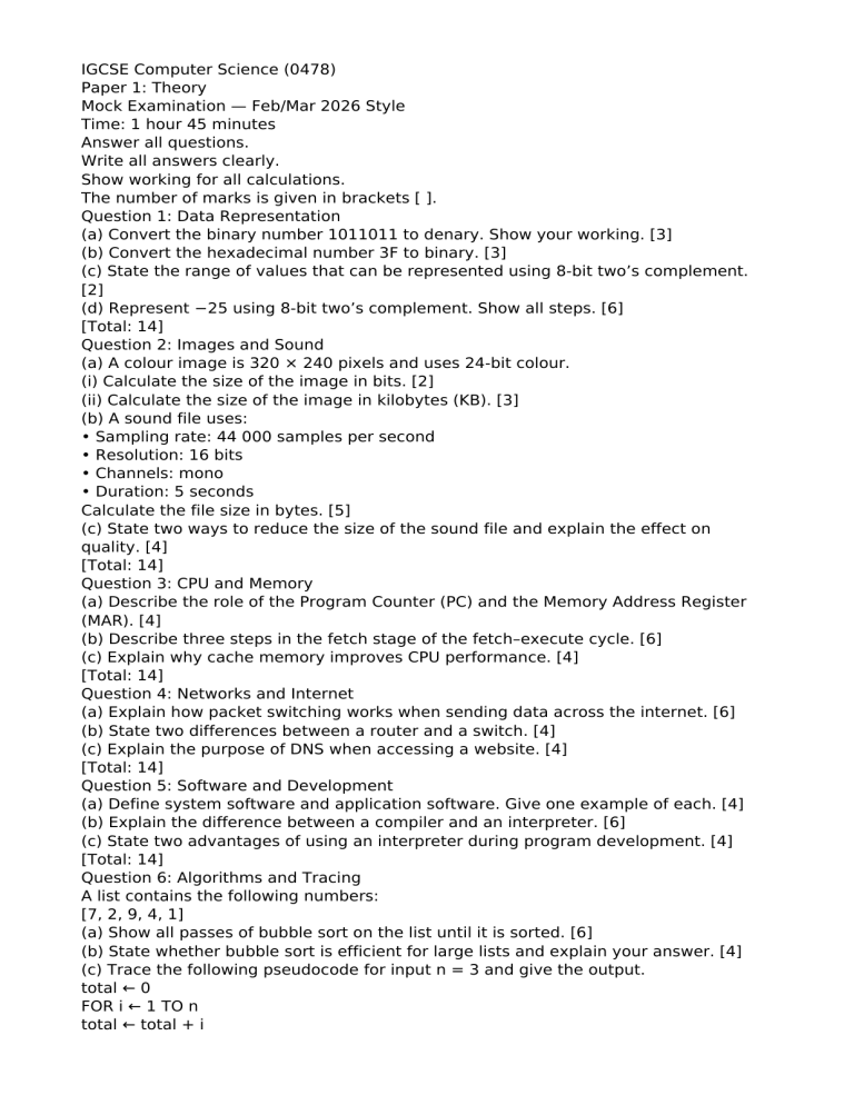 IGCSE Computer Science Mock Exam Paper 1 Theory