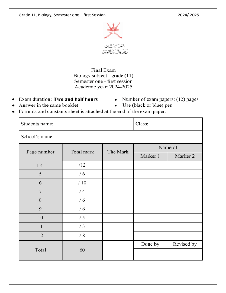 Grade 11 Biology Final Exam 2024/2025