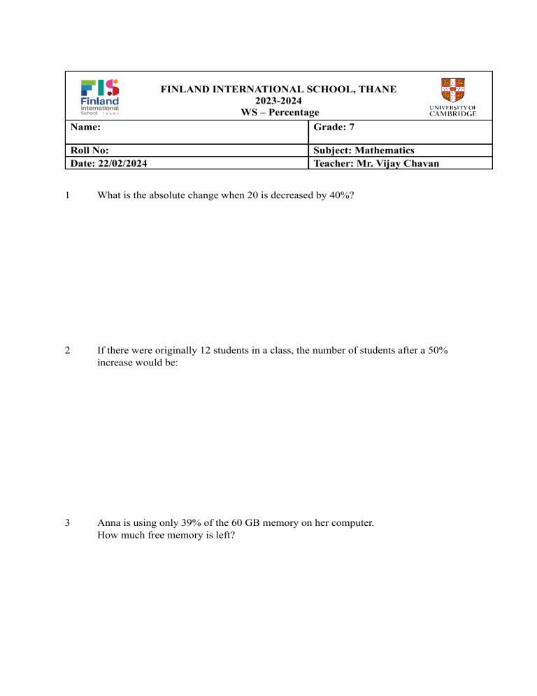 Grade 7 Math Worksheet: Percentage Problems