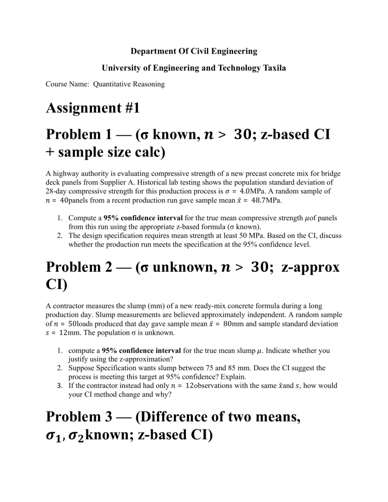 Civil Engineering Quantitative Reasoning Assignment #1