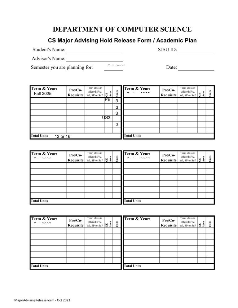 CS Major Advising Hold Release Form & Academic Plan