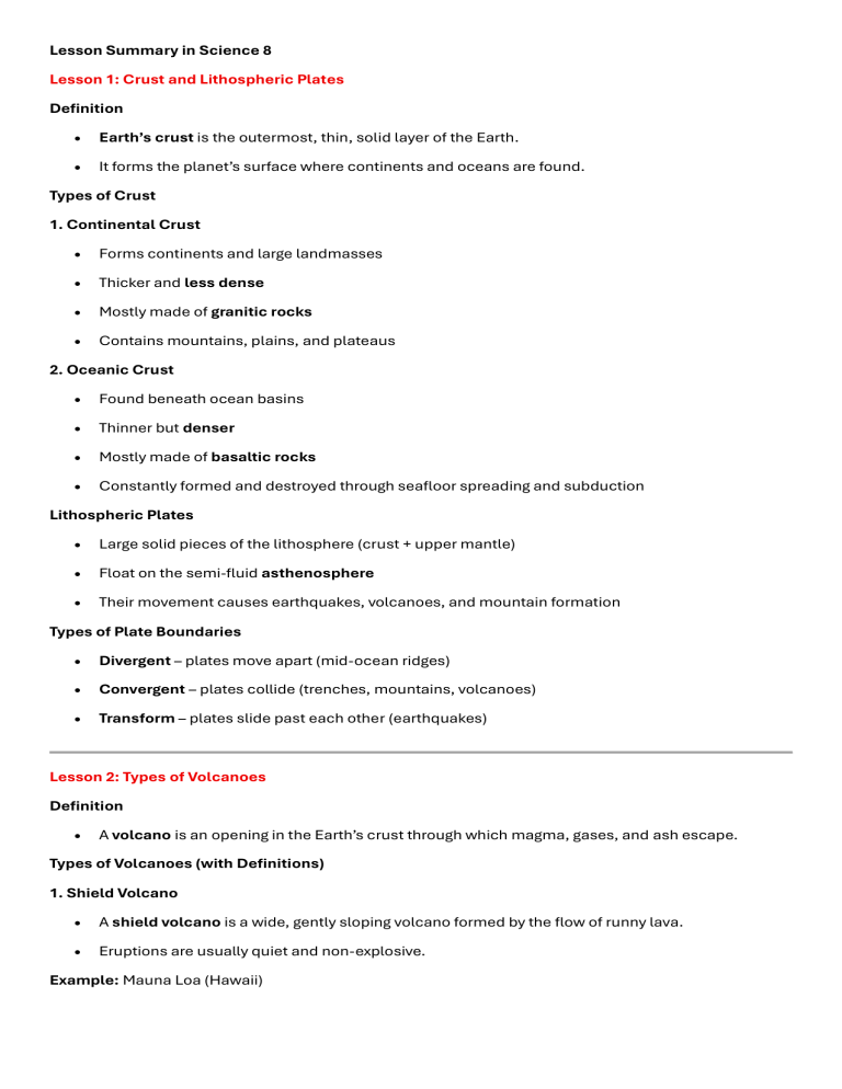 Science 8 Lesson Summary: Crust, Plates, Volcanoes