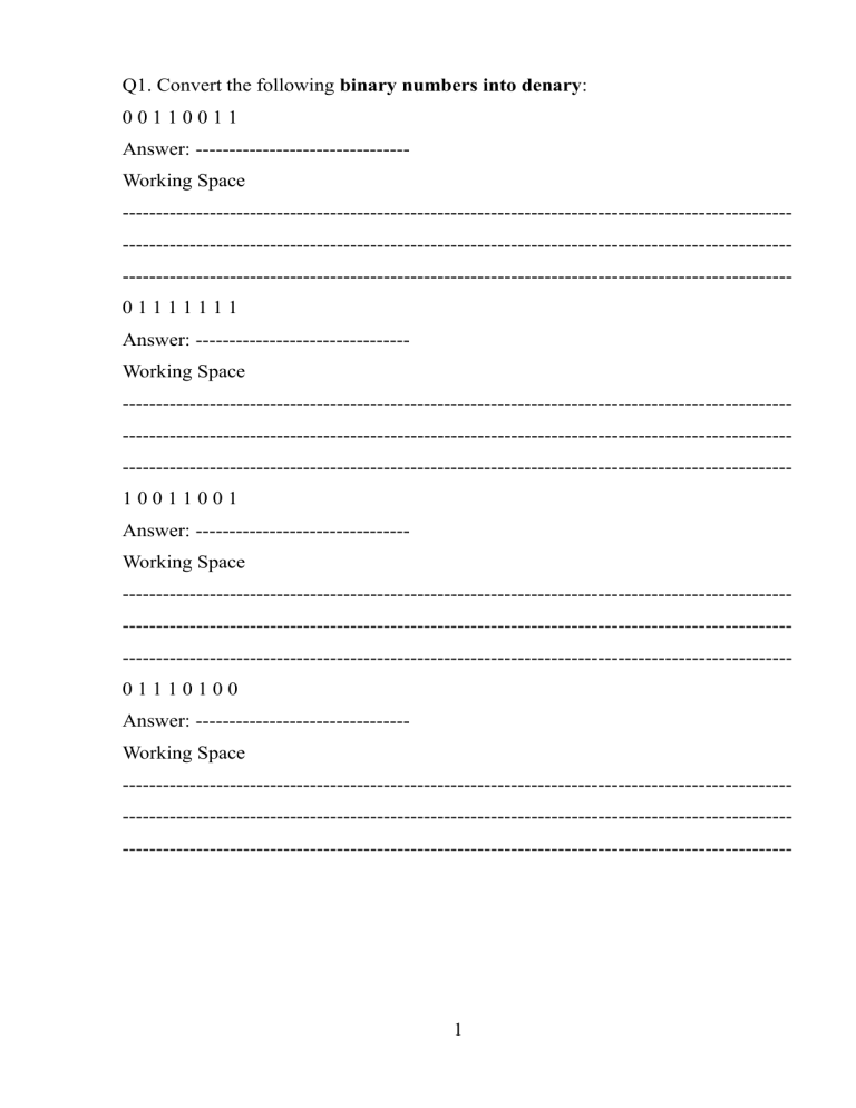 Binary, Denary, Hexadecimal Conversion Worksheet