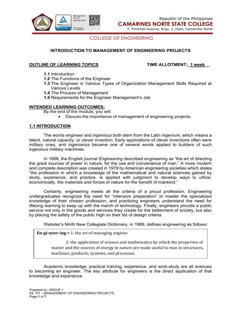 Introduction to Management of Engineering Projects Course Outline