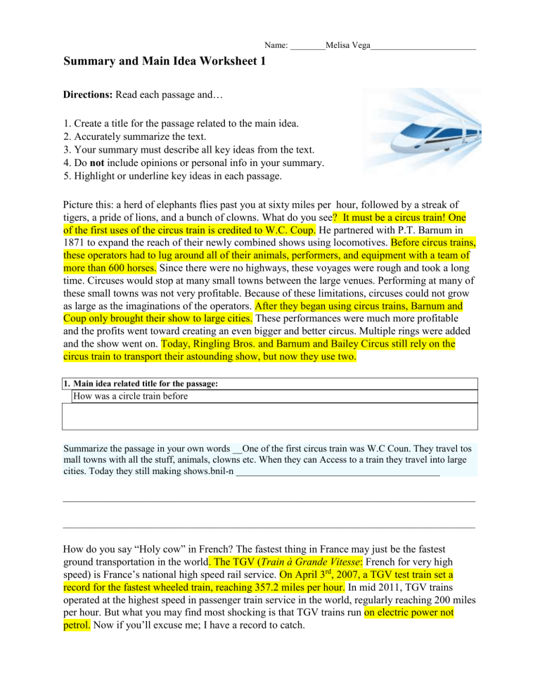 Summary and Main Idea Worksheet 1: Transportation History Passages
