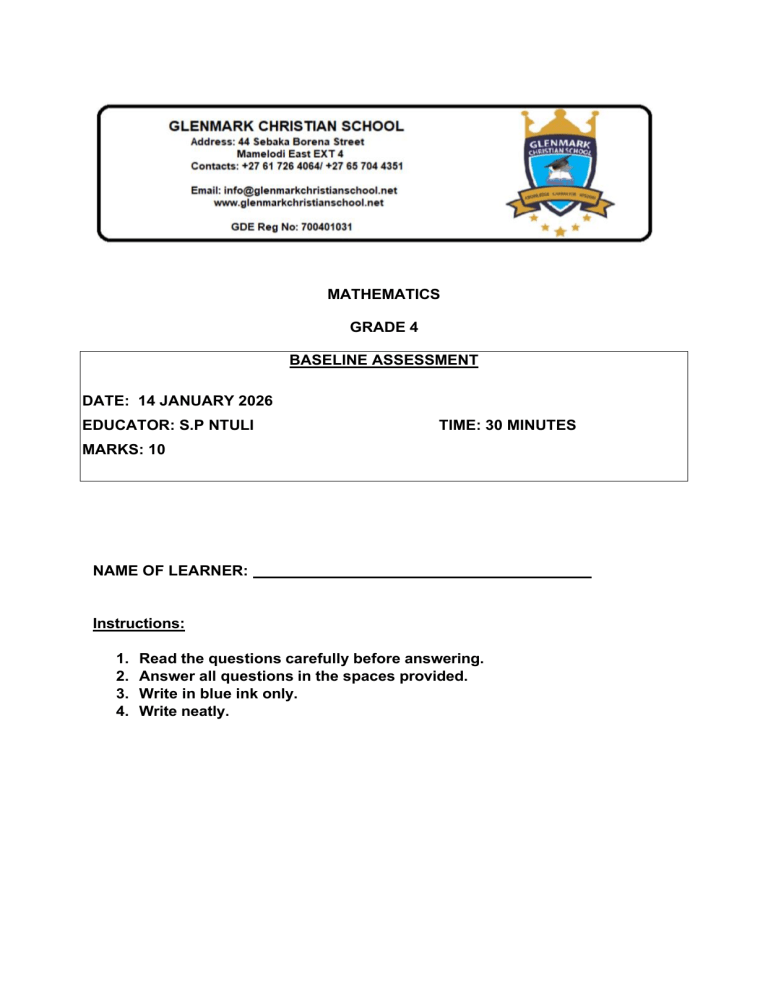 Grade 4 Math Baseline Assessment