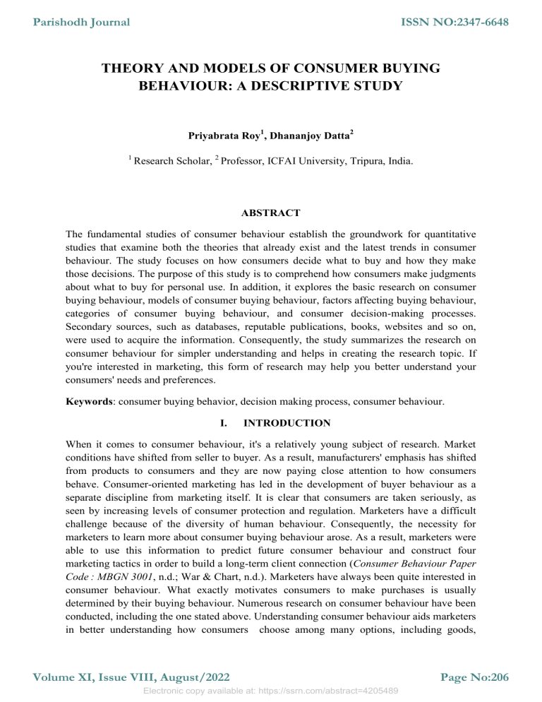 Theory and Models of Consumer Buying Behaviour: A Descriptive Study