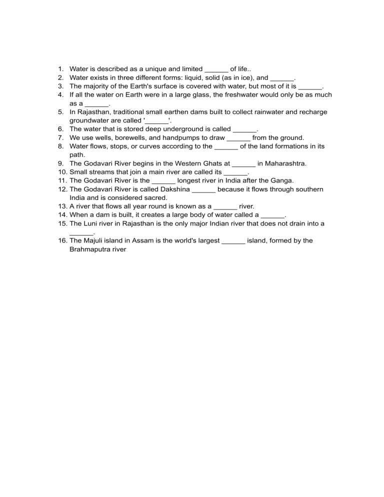 Water and Rivers Quiz Worksheet