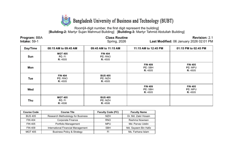 BUBT BBA 59-1 Spring 2026 Class Routine