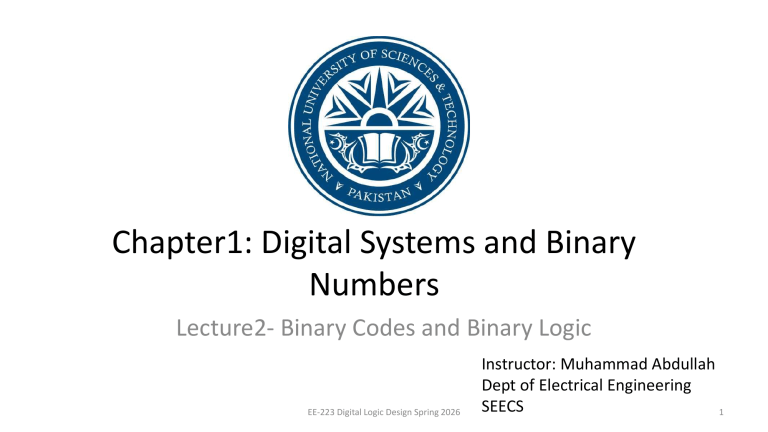 Digital Systems and Binary Numbers: Binary Codes and Logic