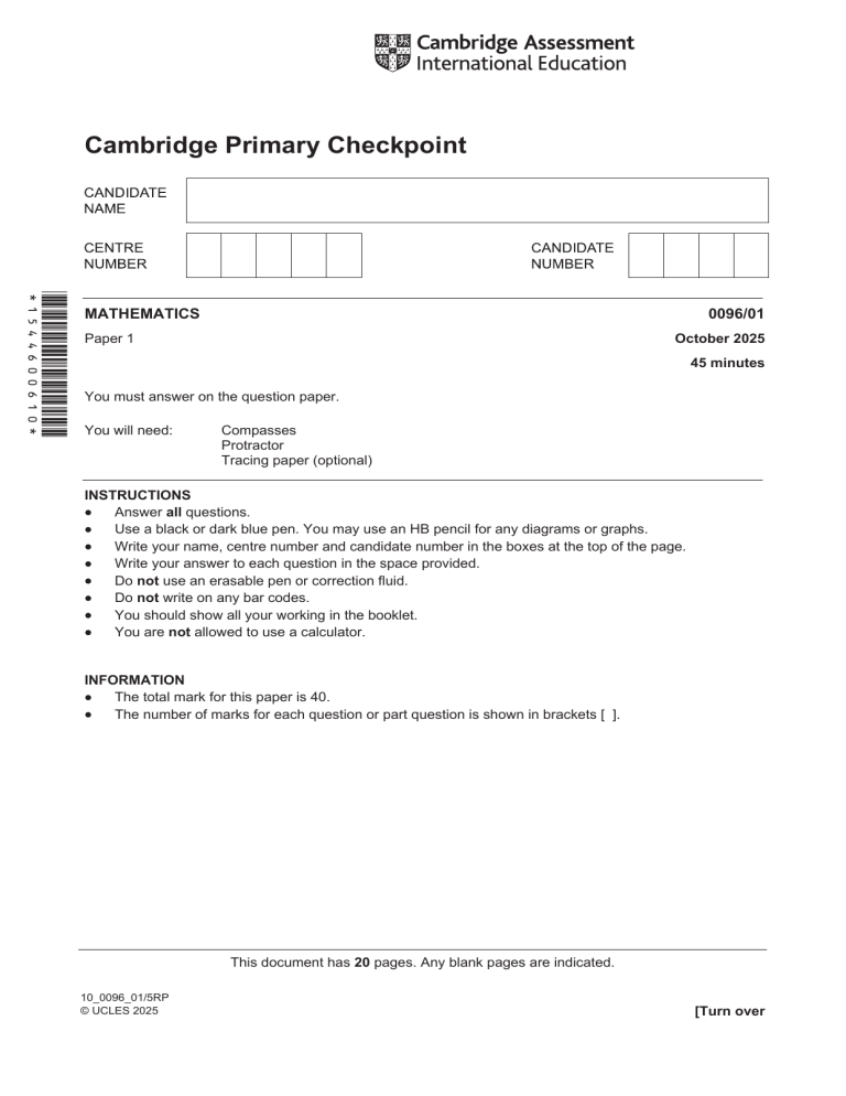 Cambridge Primary Checkpoint Mathematics Paper 1 2025