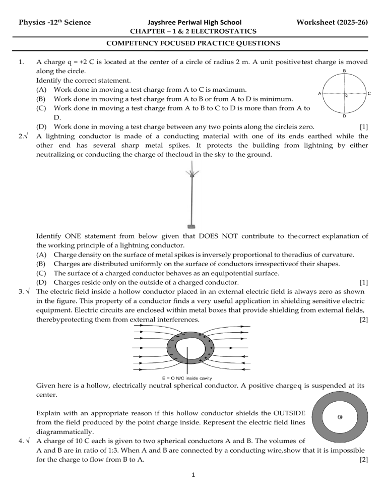 12th Grade Physics Worksheet: Electrostatics Practice Questions