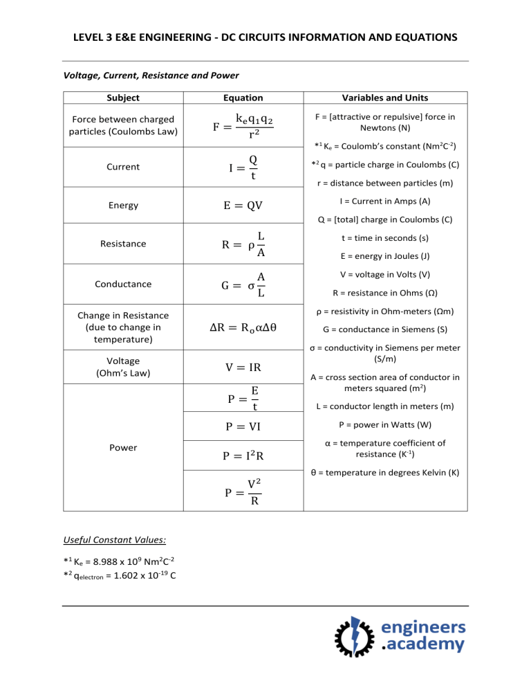 Level 3 E&E Engineering DC Circuits Equations & Info