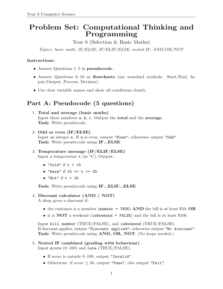 Year 8 Computer Science Problem Set: Computational Thinking
